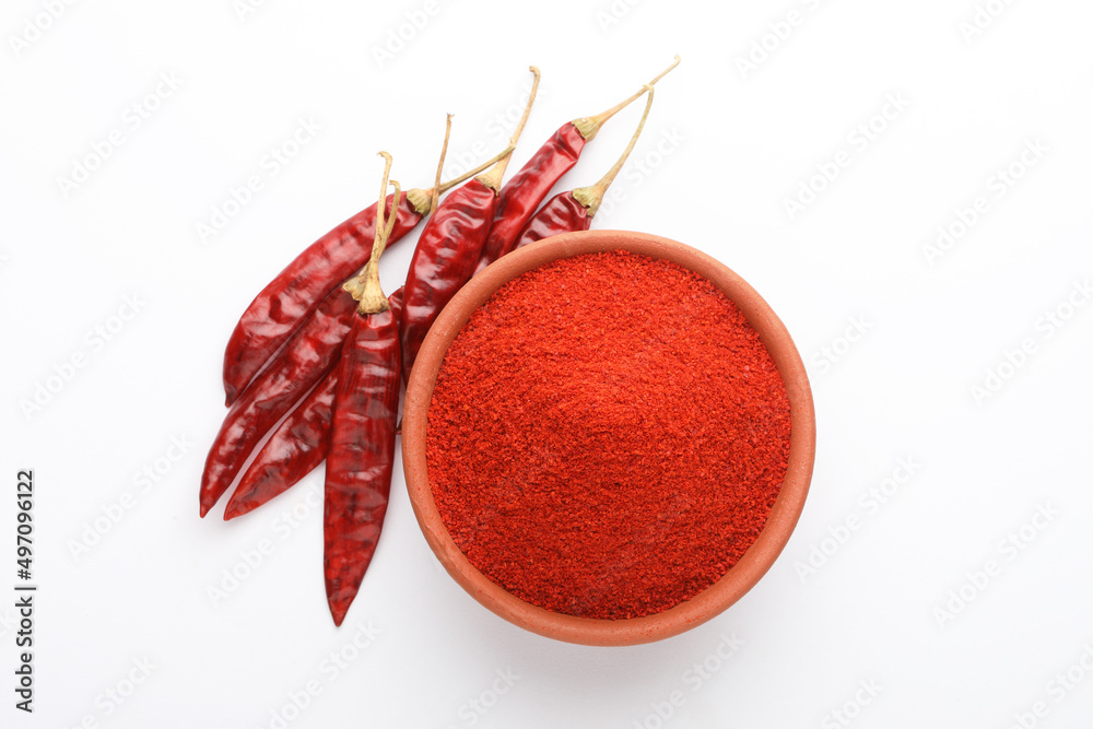 Indian spice Red chilli powder in white ceramic bowl Stock Photo ...