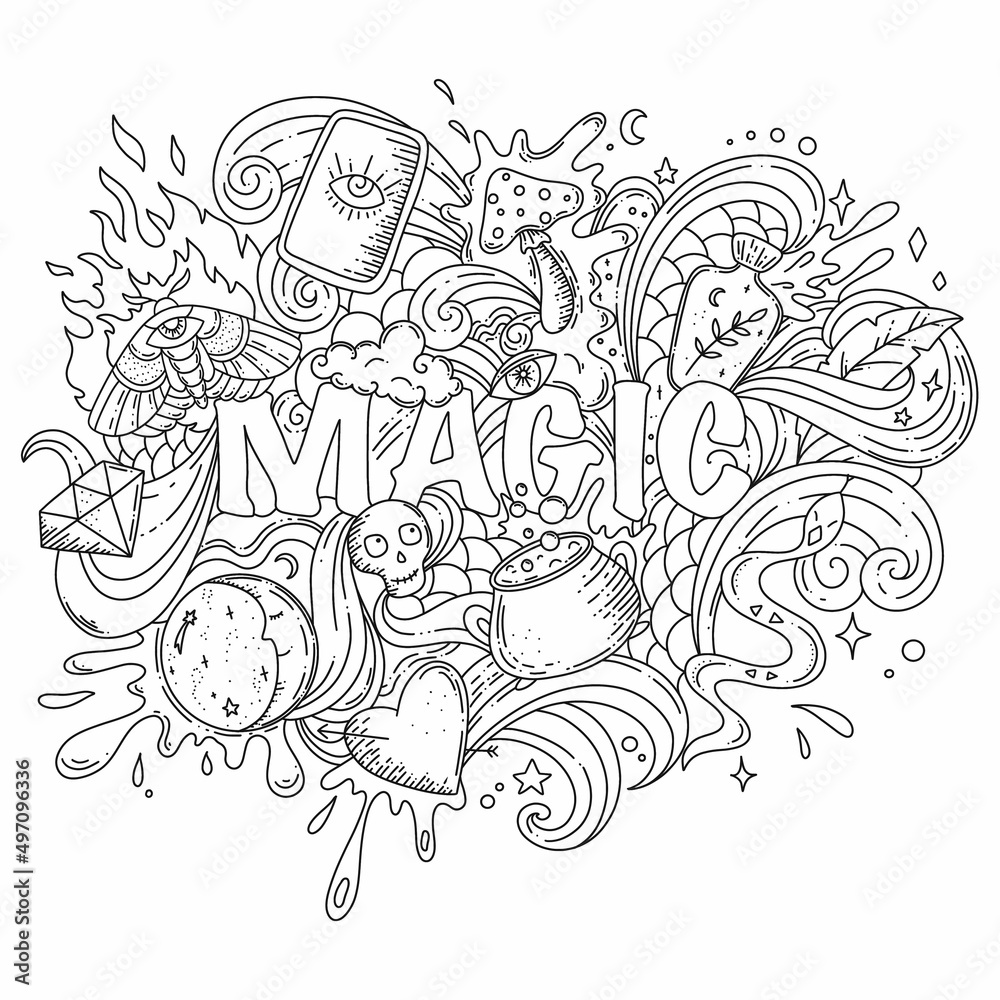 Cartoon hand drawn doodles about magic. Magic coloring page Stock ...