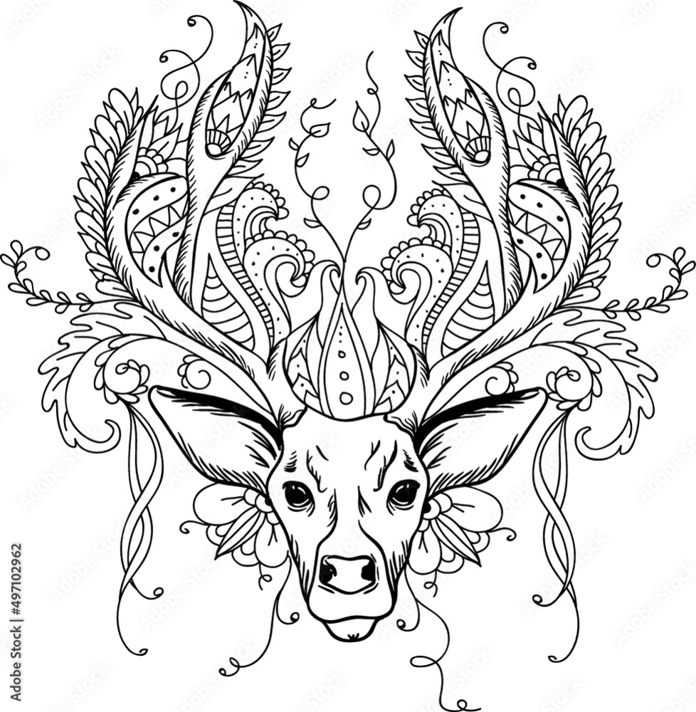 Hand drawing doodle of wild deer with antlers Stock Vector | Adobe Stock