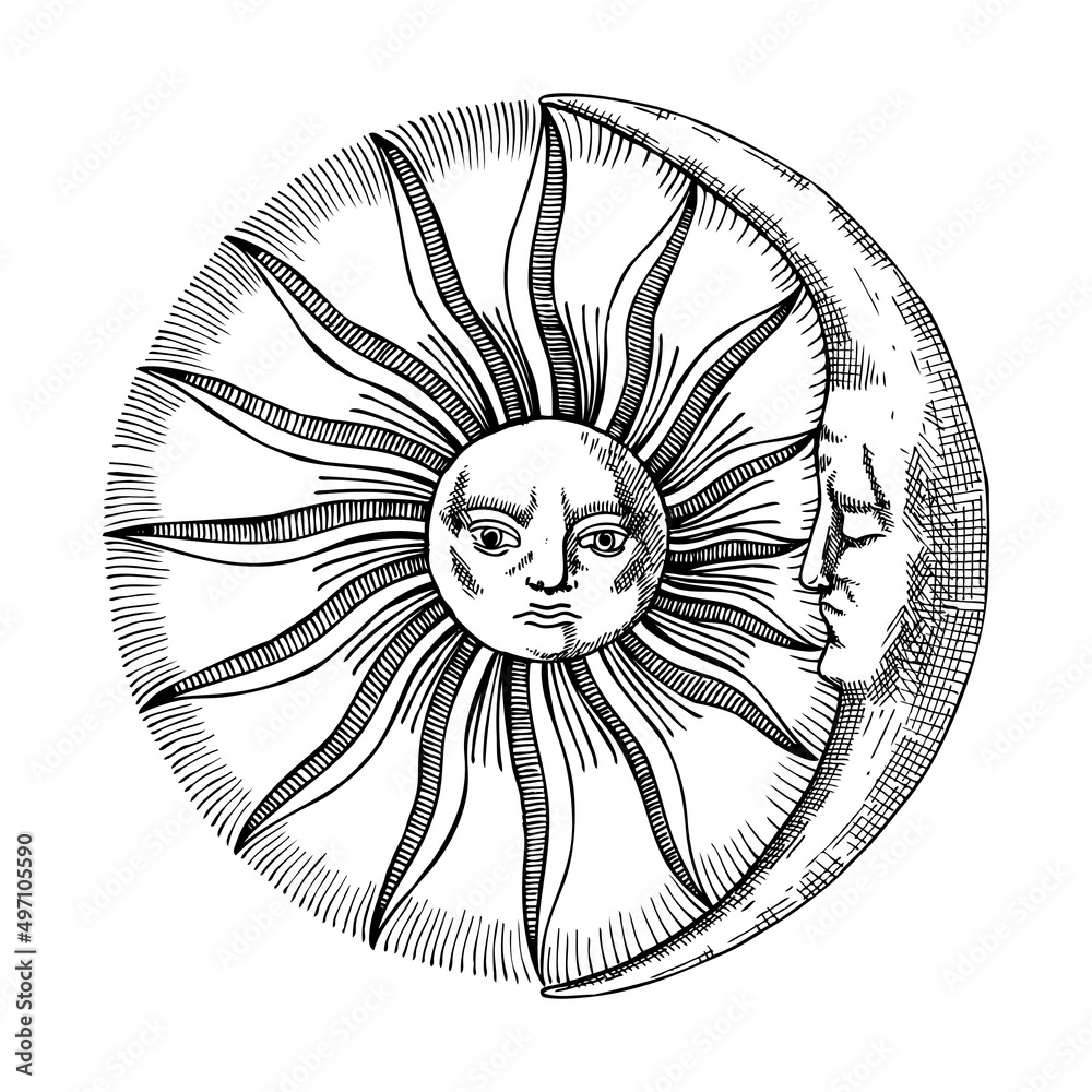 Vintage sun and crescent moon with face composition. Esoteric symbols ...