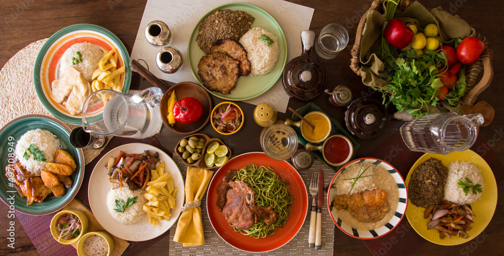 Buffet table Peruvian Peru comfort food homemade traditional gastronomy ...
