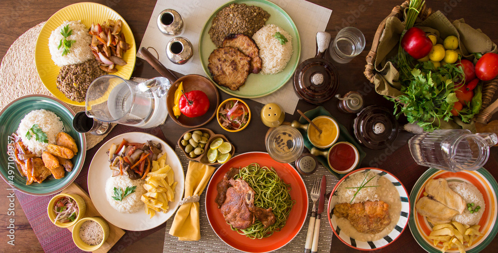 Buffet table Peruvian Peru comfort food homemade traditional gastronomy ...