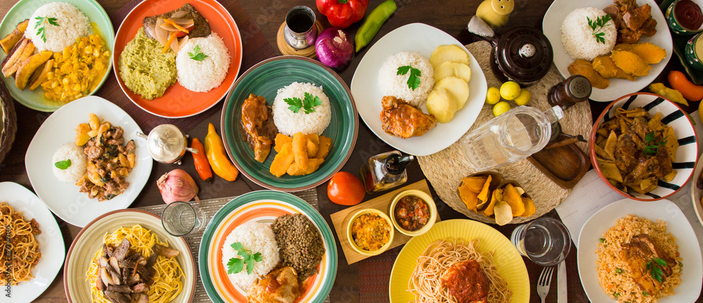 Buffet table Peruvian Peru comfort food homemade traditional gastronomy ...