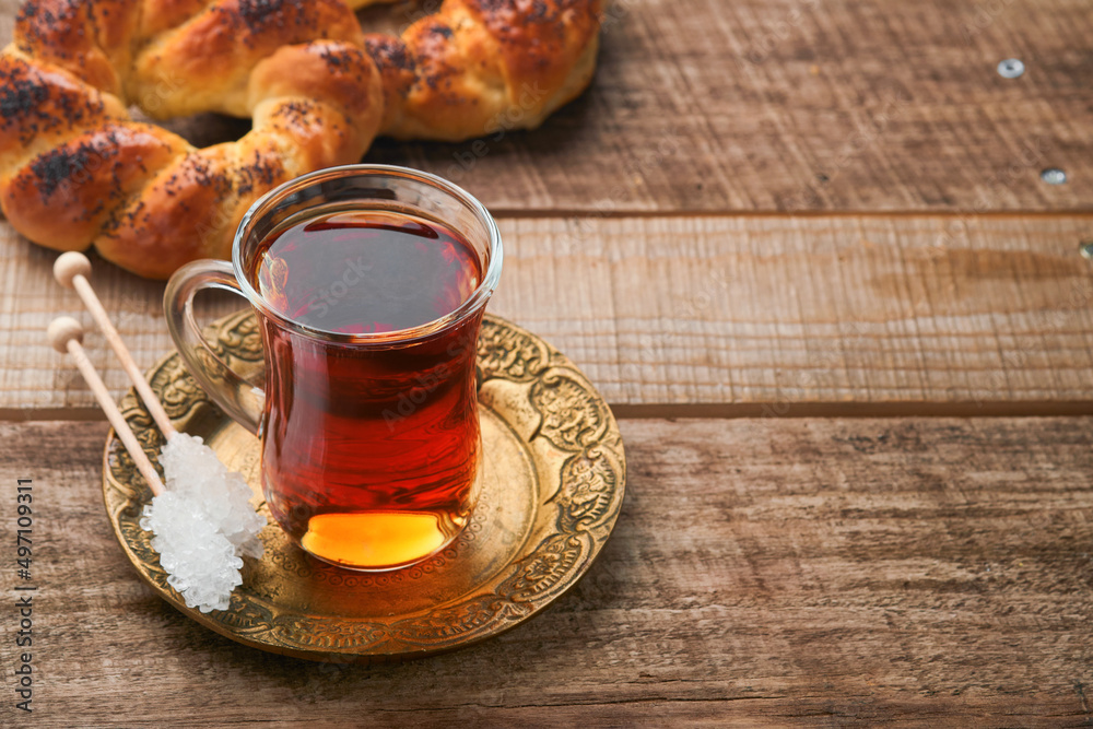 Turkish black tea. Glass cup of turkish black tea and crispy Turkish ...