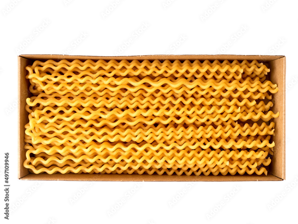 Fusilli lunghi Bucati pasta in a cardboard box. Isolated on a white ...