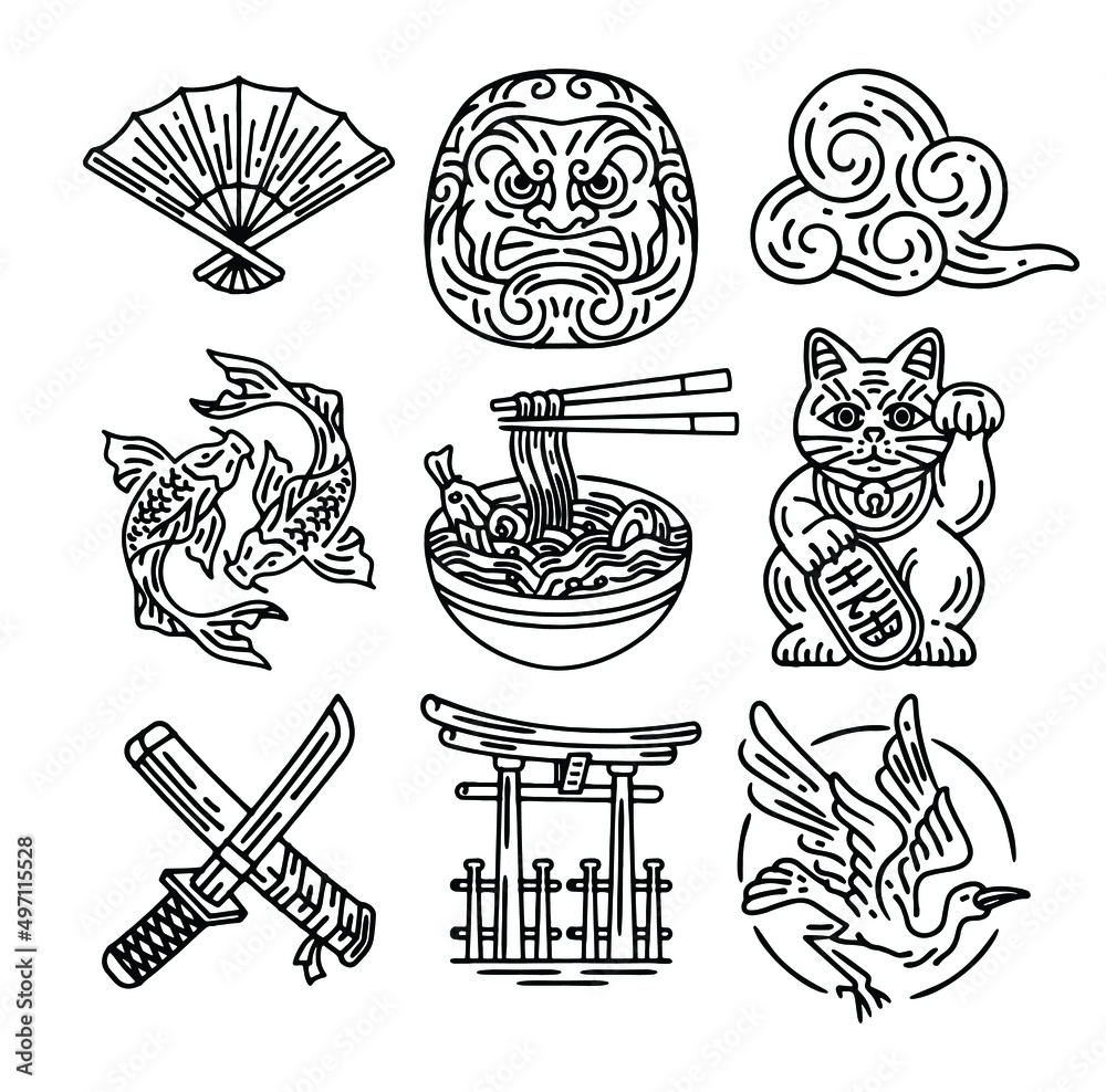 Set of japanese elements. Decoration object in the shape of ink lines ...