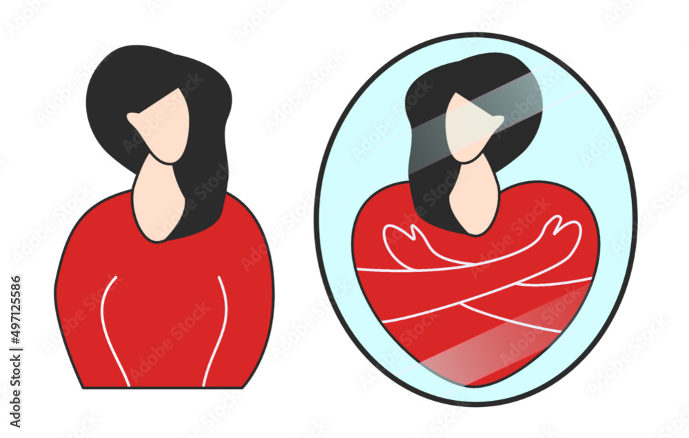 Woman looking in mirror and seeing self love, self-confidence, her body ...