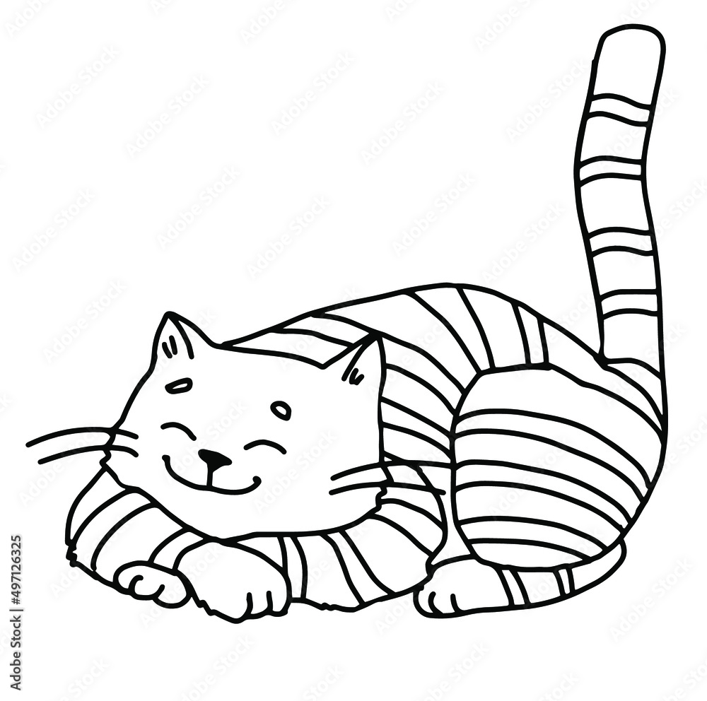 a drawing of a funny striped cat, hand-drawn with black and white lines ...