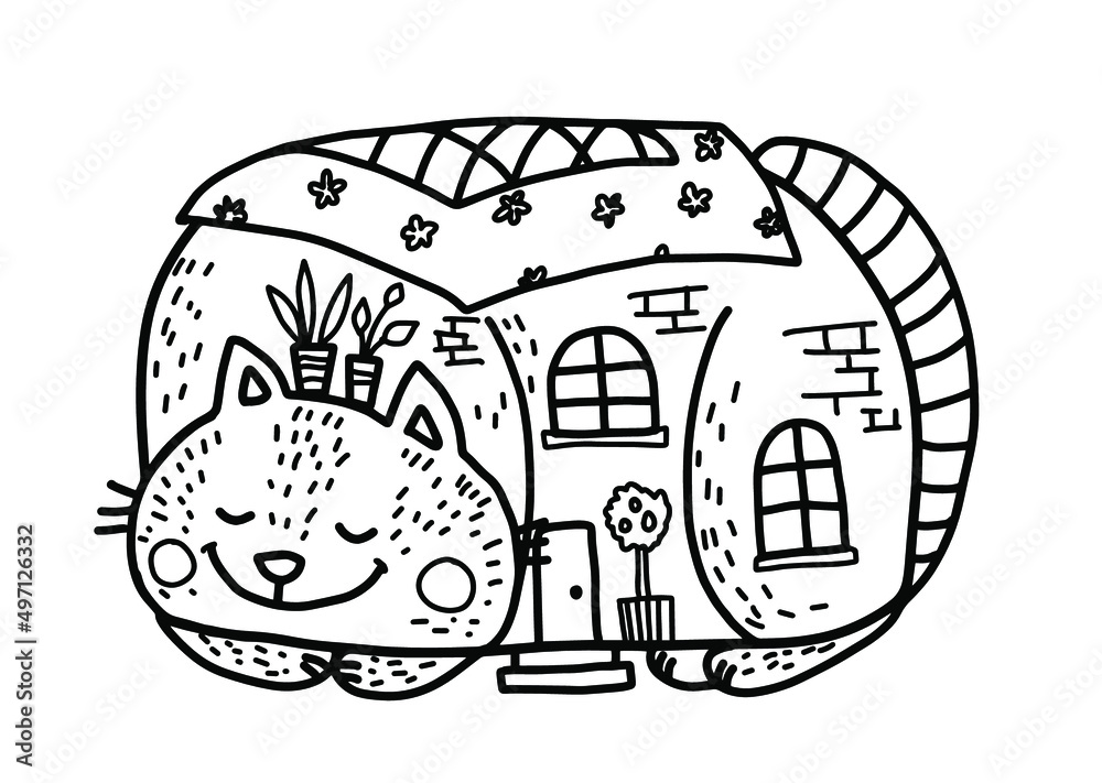 a drawing of a funny cat in the form of a house hand-drawn with black ...