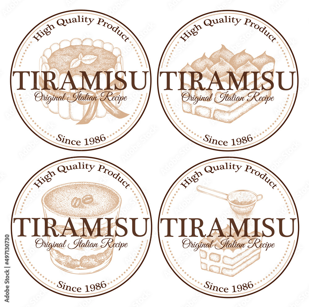 Sketch drawing logo set of tiramisu cake isolated on white background ...