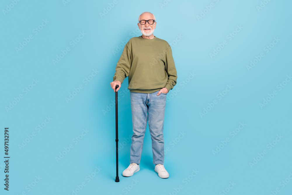 Full length body size view of attractive cheerful content healthy grey ...