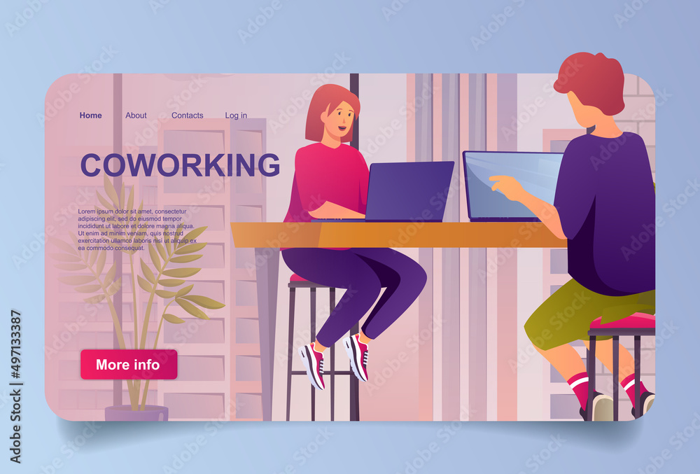 Coworking office concept in cartoon design for landing page. Man and ...