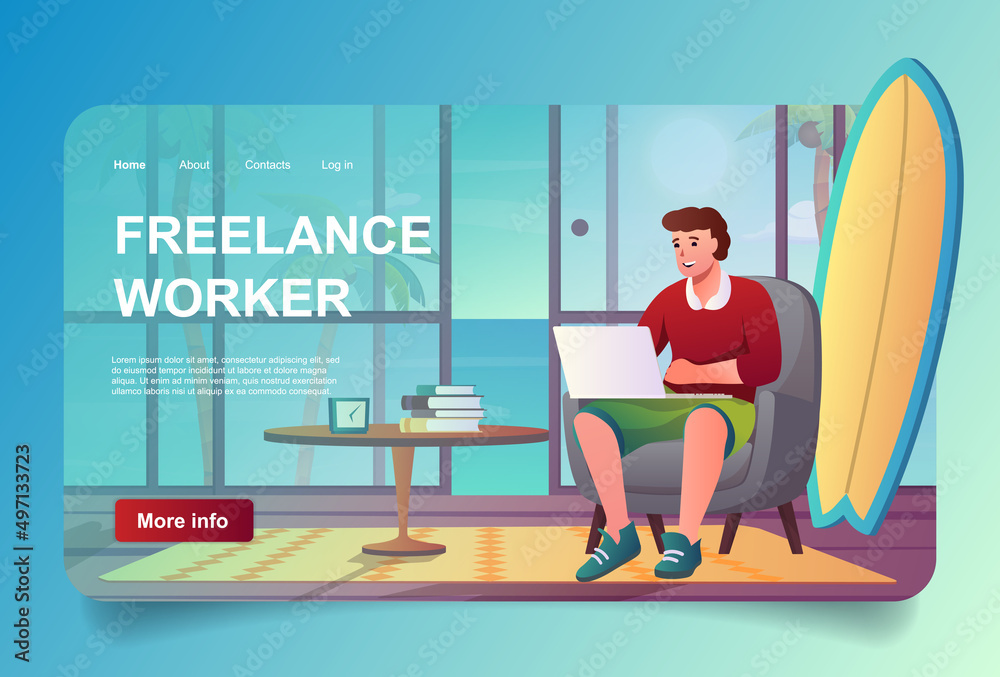 Freelance worker concept in cartoon design for landing page. Man ...