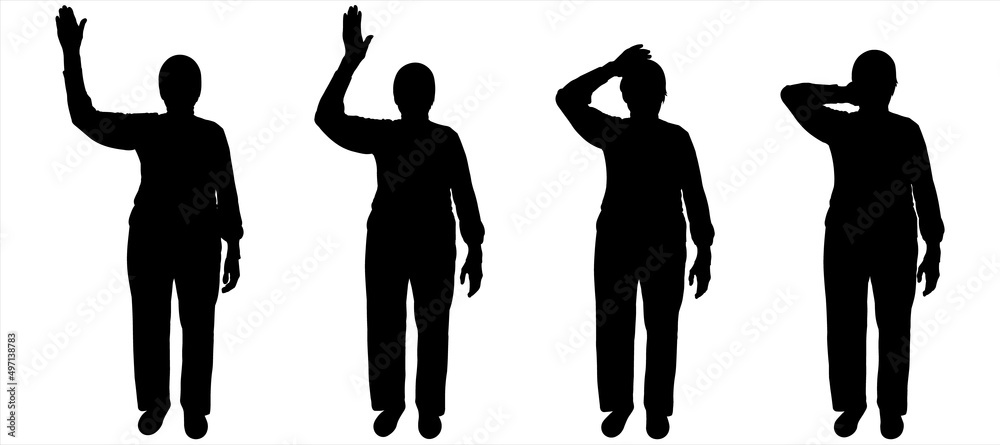 Gestures with one hand, hello, greeting, hand up, hand down behind the ...