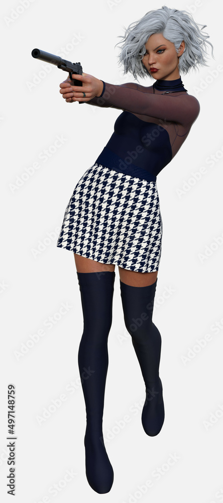 A young femme fatale woman holding a gun with silencer like an assassin ...