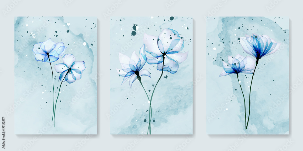 Watercolor art background with blue flowers. A set of posters with ...
