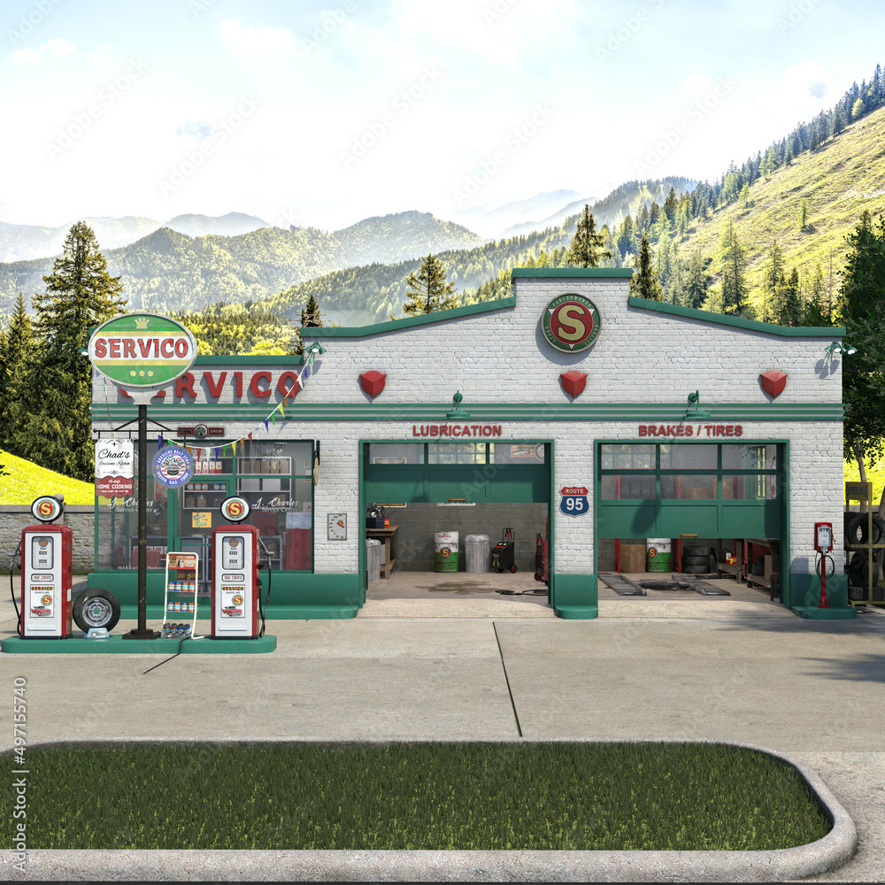 Retro service station in the mountains with old fashioned gas pumps and ...