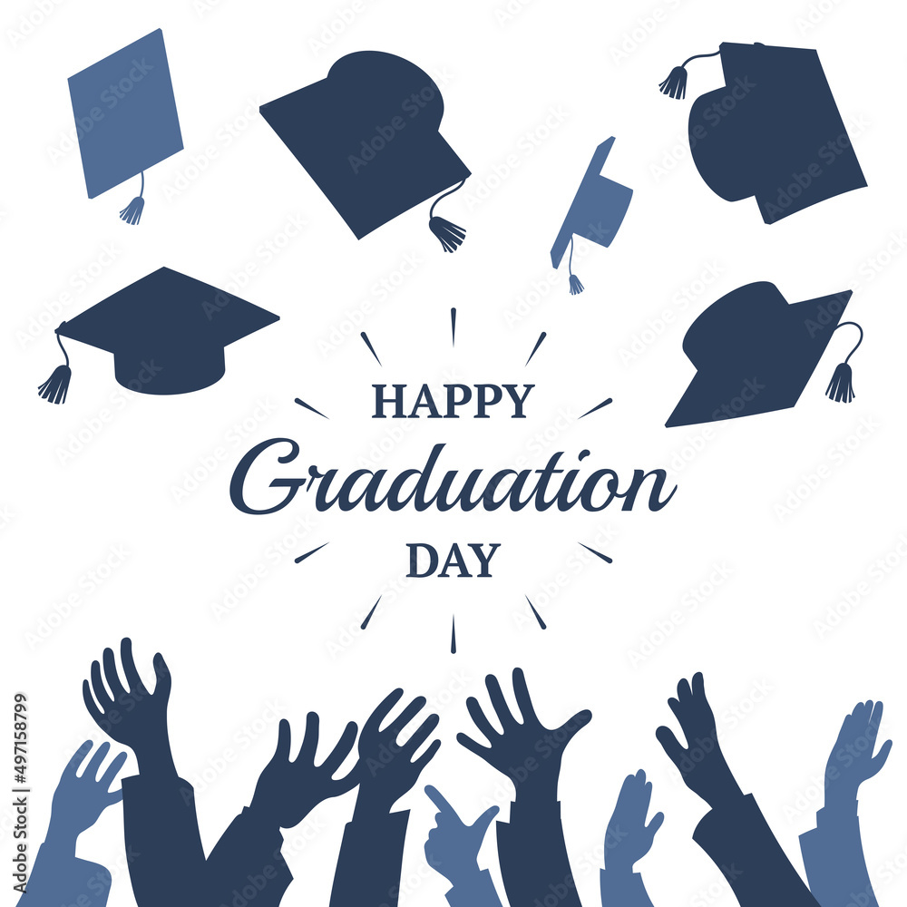 Dark silhouettes of the hands of students tossing their academic caps ...