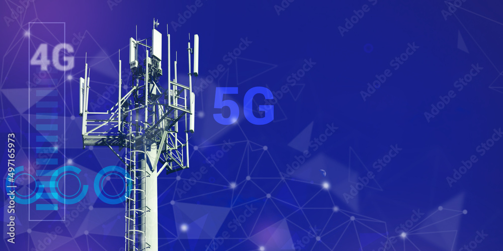A telecommunications tower with 4G, 5G transmitters, a cellular base ...