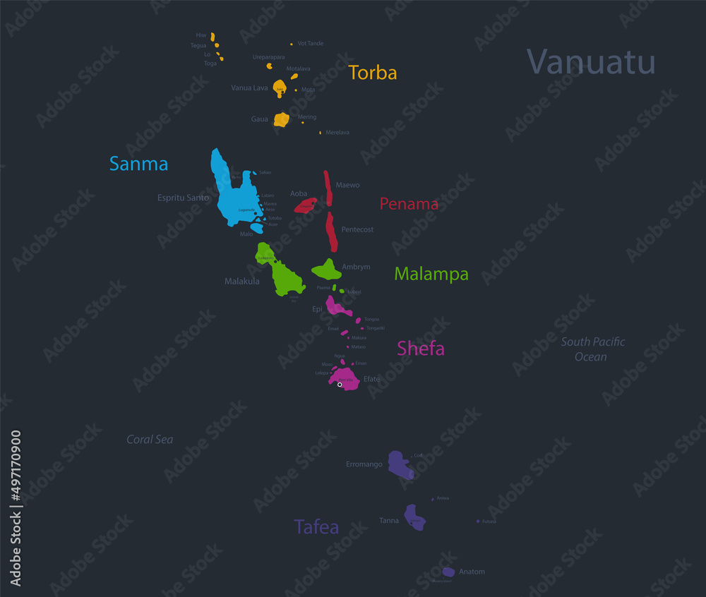 Infographics Vanuatu map, colors regions with names of individual ...