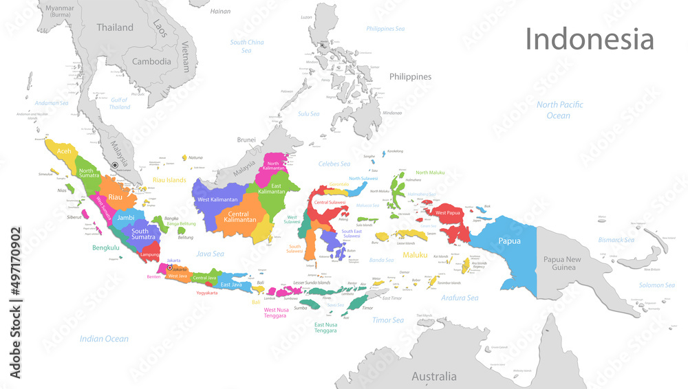 Indonesia map, administrative division with names regions, colors map ...