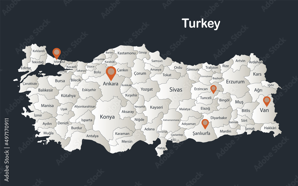 Turkey map, Infographics flat design colors snow white, with names of ...