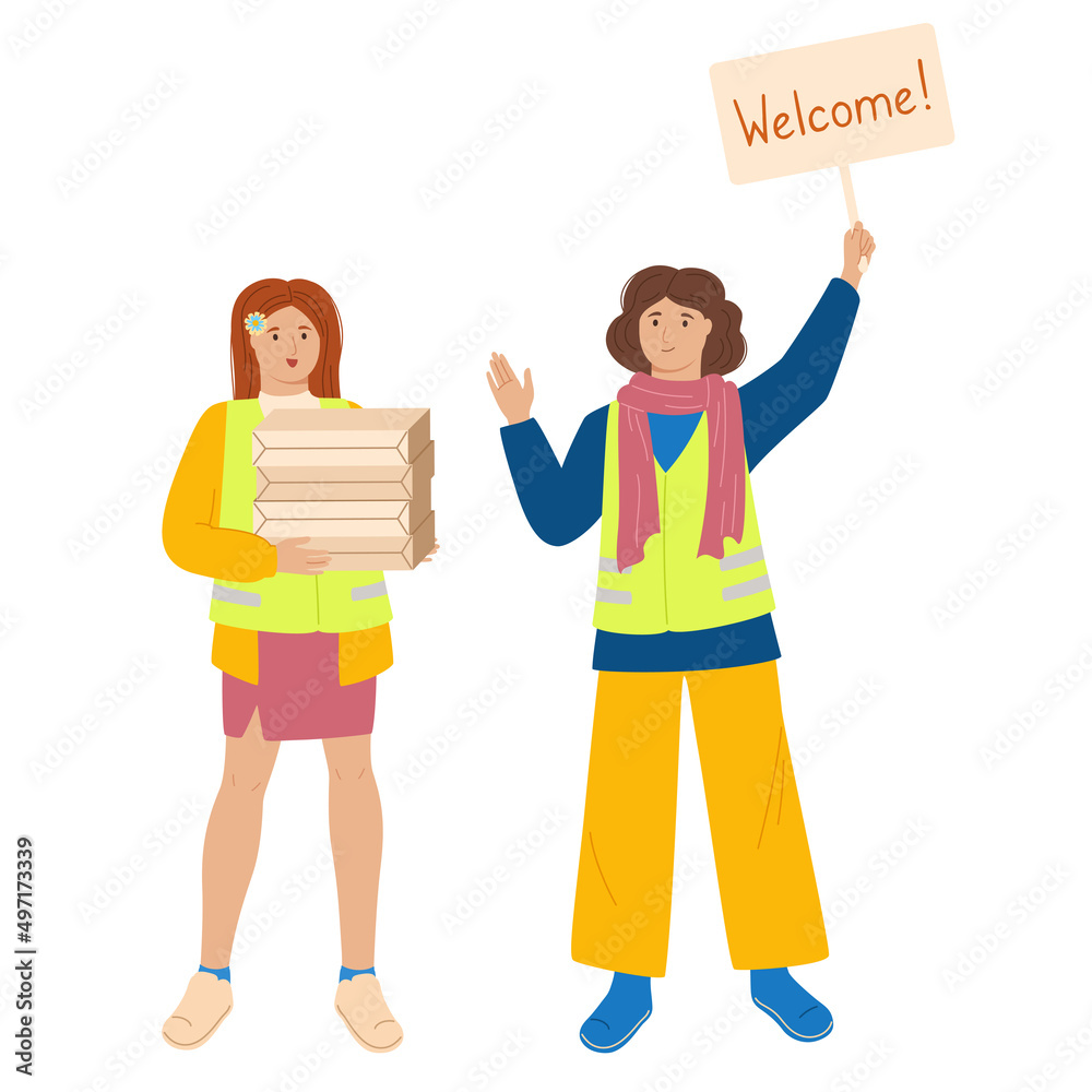 Volunteers with donations, welcome to overnight, volunteering concept ...