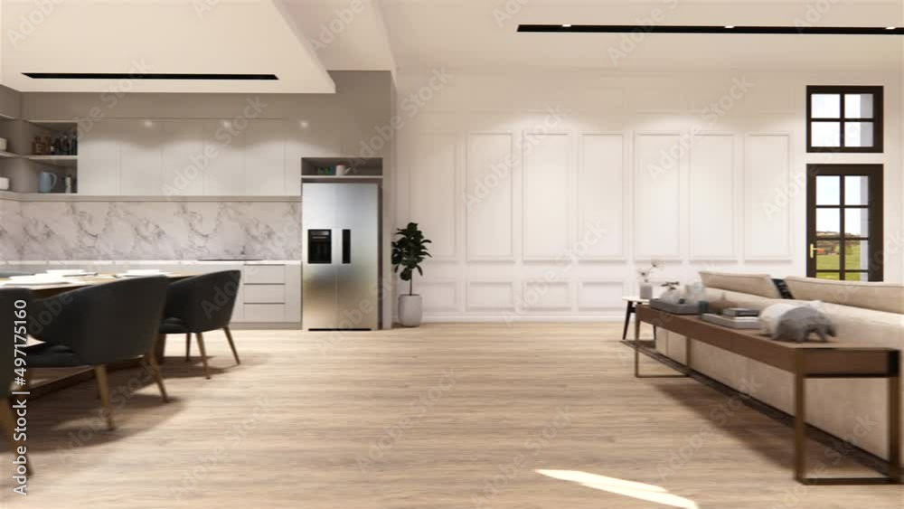 3d Animation rendering. Interior house modern open living space with ...