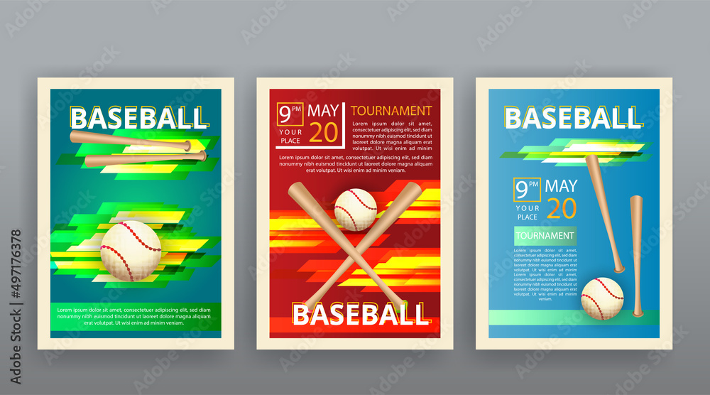 Baseball competition vector flyer template, realistic baseball ...