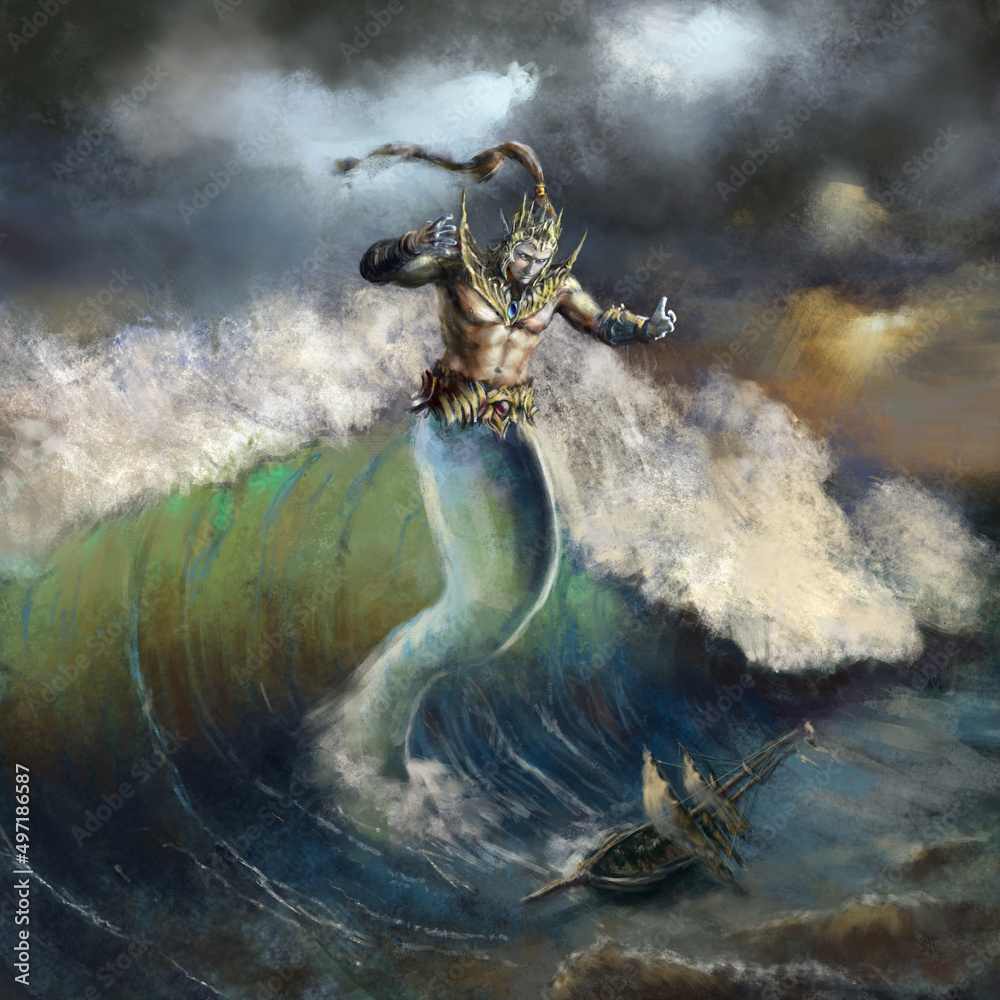 The water genie caused a huge wave to the sea ship, he is wearing gold ...