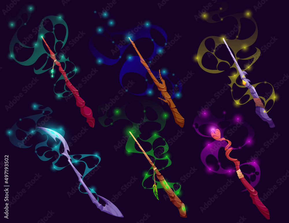 Magic wands, wizard or witch sticks with glowing colorful haze and ...