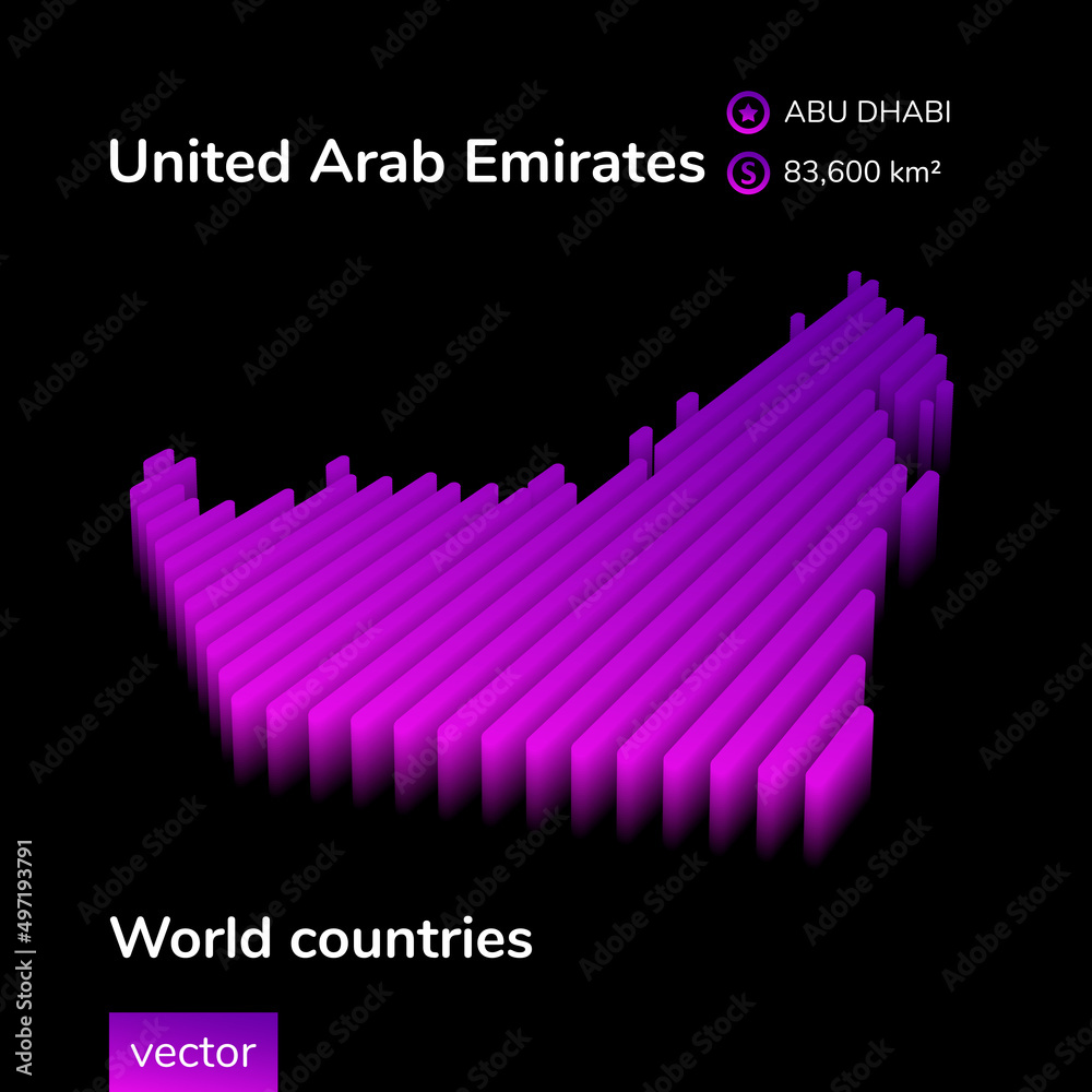United Arab Emirates 3D map. Stylized isometric digital neon striped ...