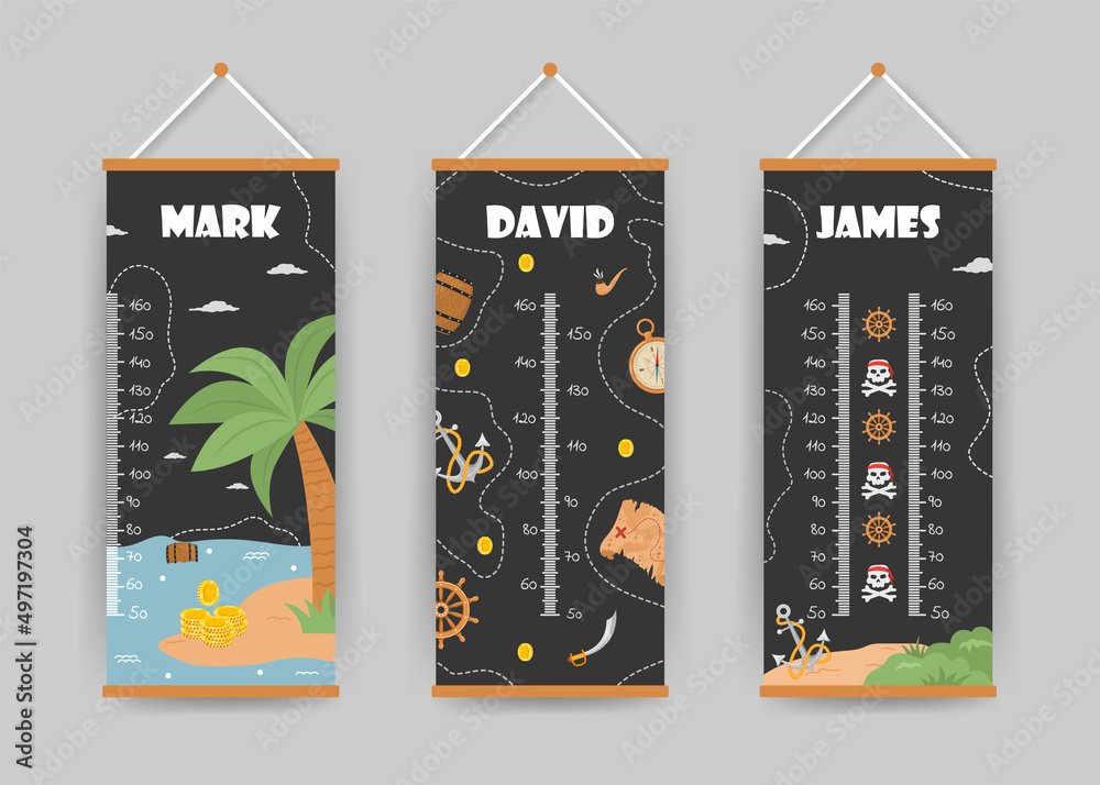 Kids height charts collection. Meter wall with pirate skull, treasure ...