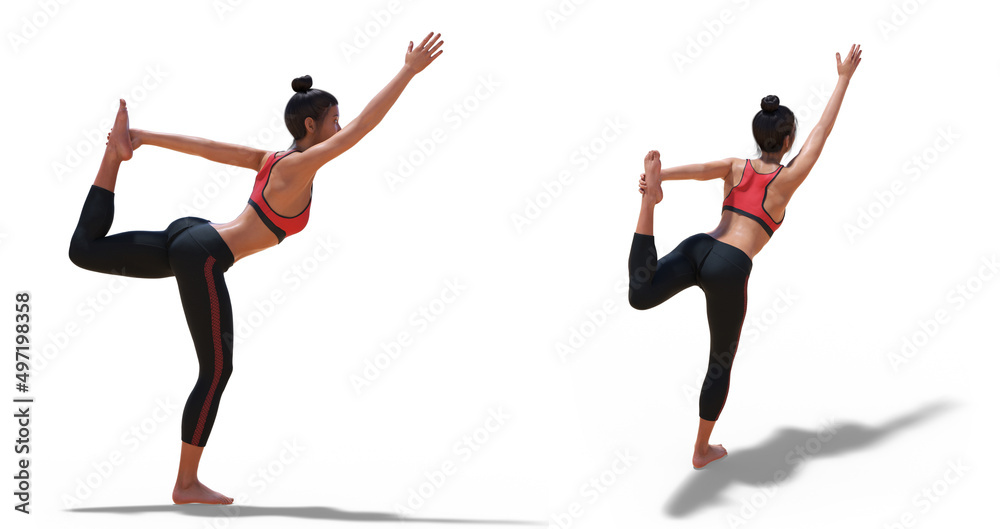 Back three-quarters and Right Profile Poses of a Woman in Yoga Dancer ...