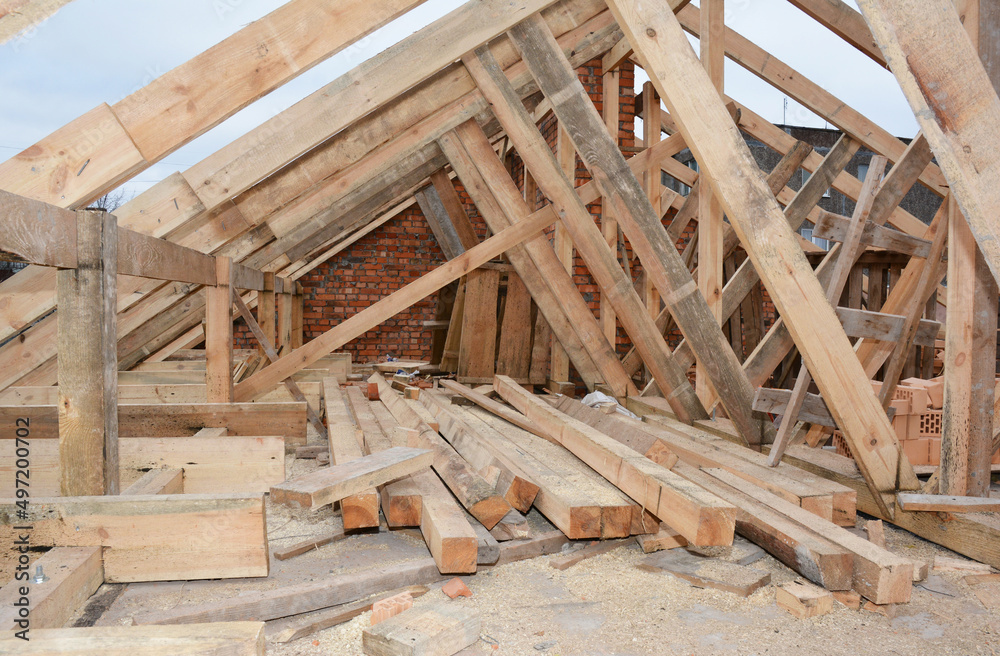 Roofing construction and framing of a new house. Timber trusses, roof ...