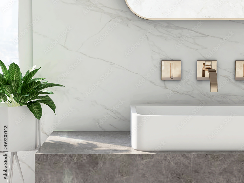 3D render an empty marble top counter with ceramic washbasin and luxury ...