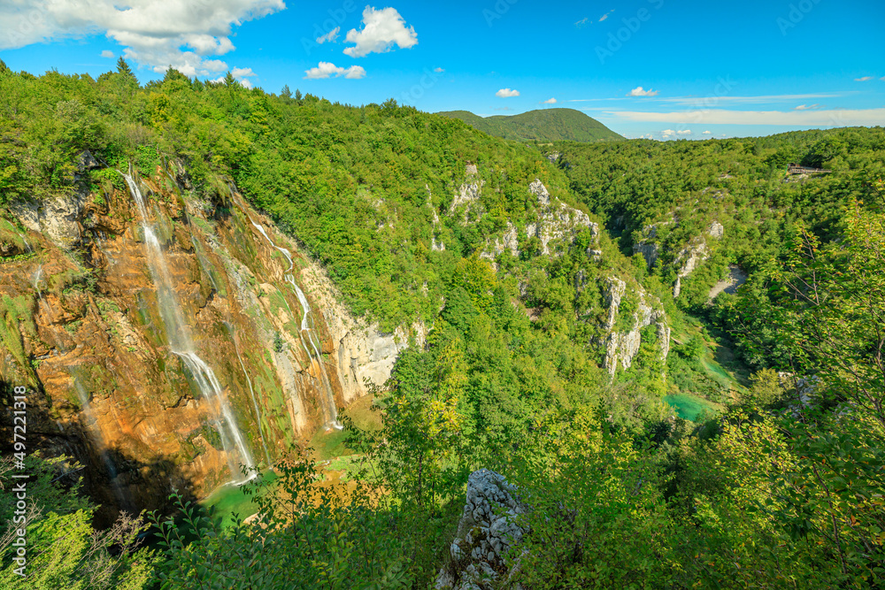 Aerial view of the Veliki slap waterfall of Plitvice Lakes National ...