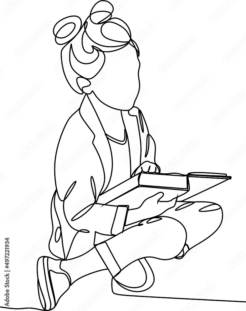 continuous one line drawing of child read book minimalist vector ...
