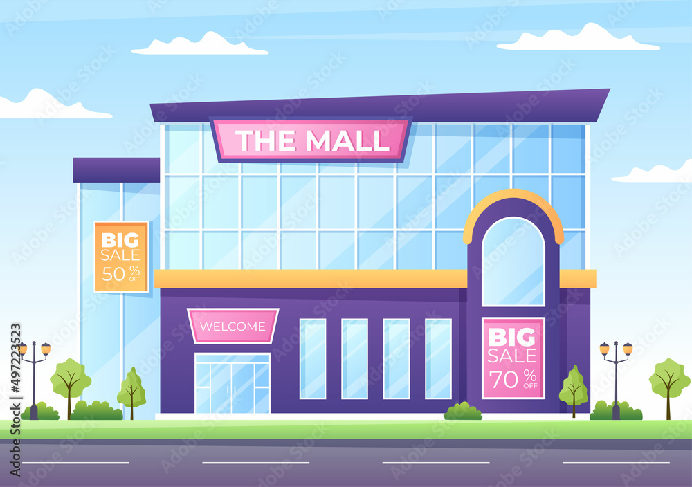 Modern Shopping Mall Building Background Illustration with Exterior and ...