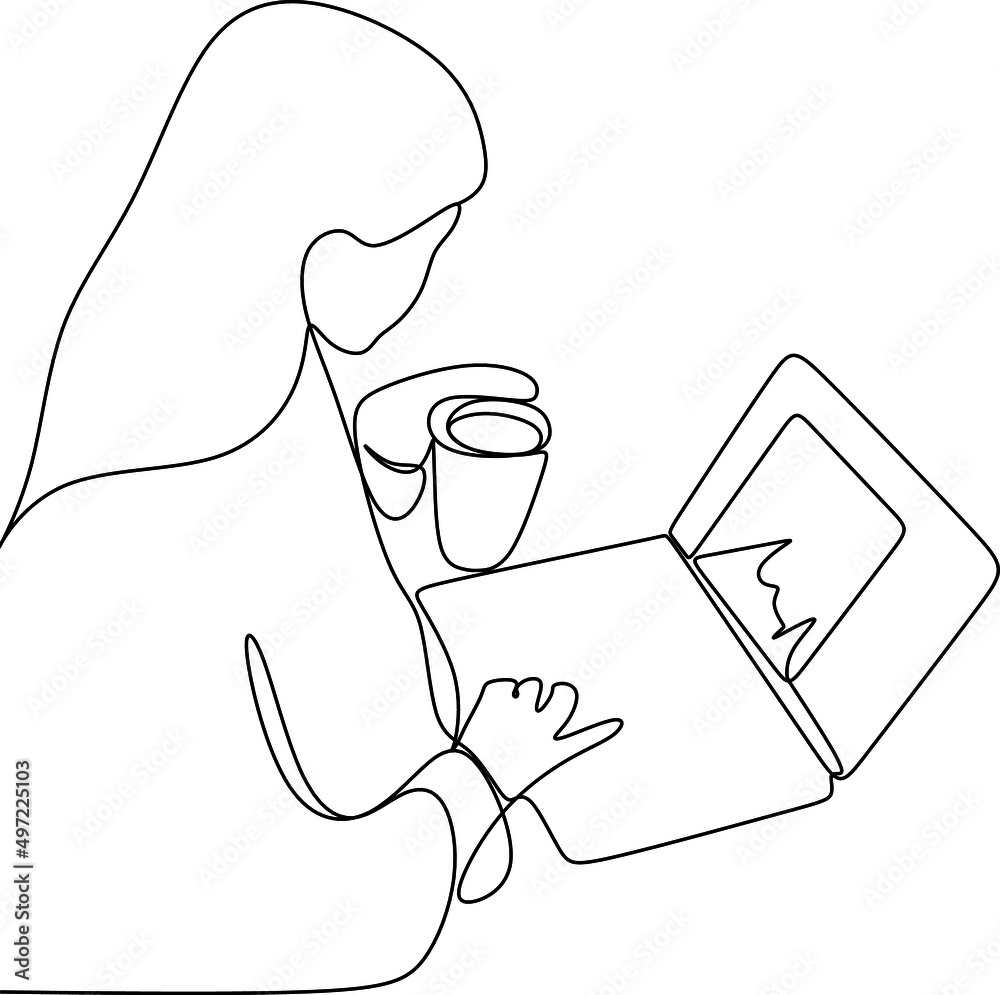 One continuous line drawing of teen girl school student wear headphone ... One continuous line drawing of teen girl school student wear headphone ...