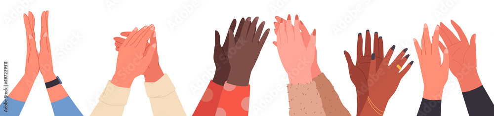 Giving applause and celebrating. Multinational hands clapping, success ...