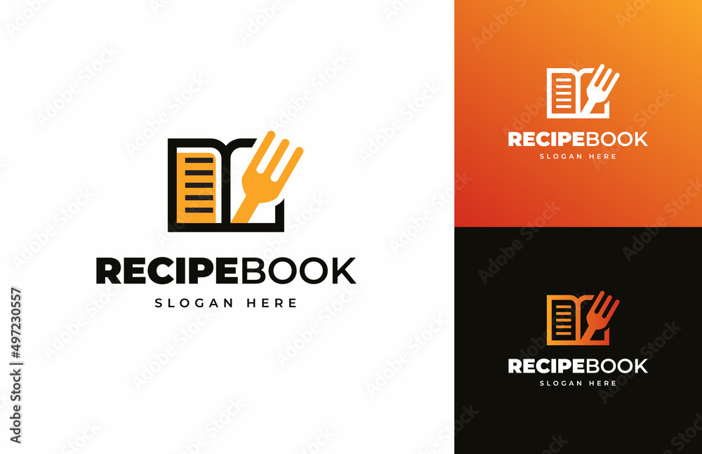 Recipe book food cook chef note open writing vector logo design, Fork ...