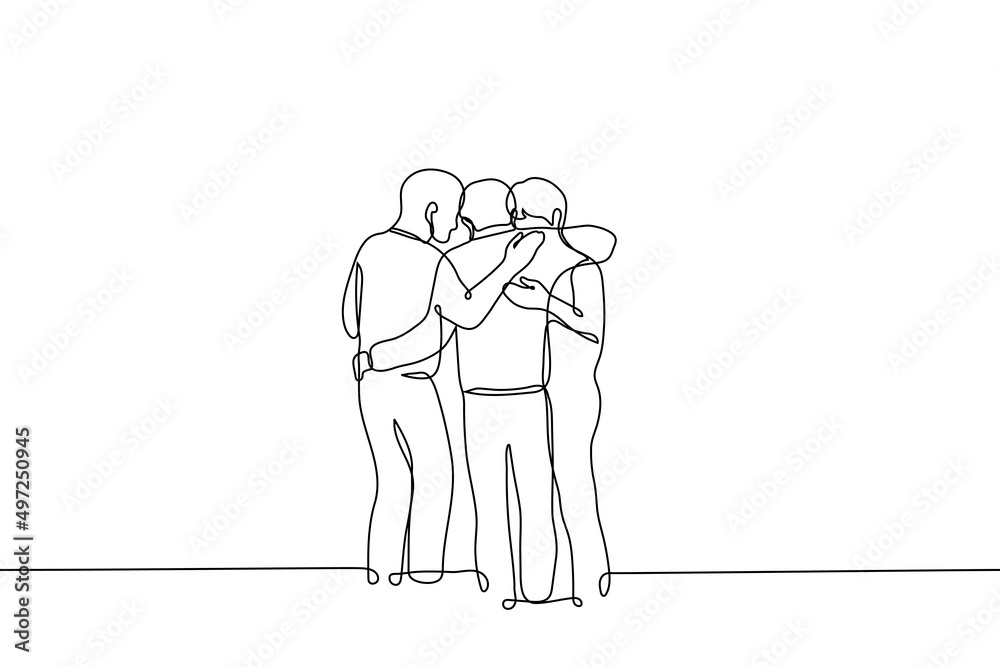 three friends hugging - one line drawing vector. concept of male ...
