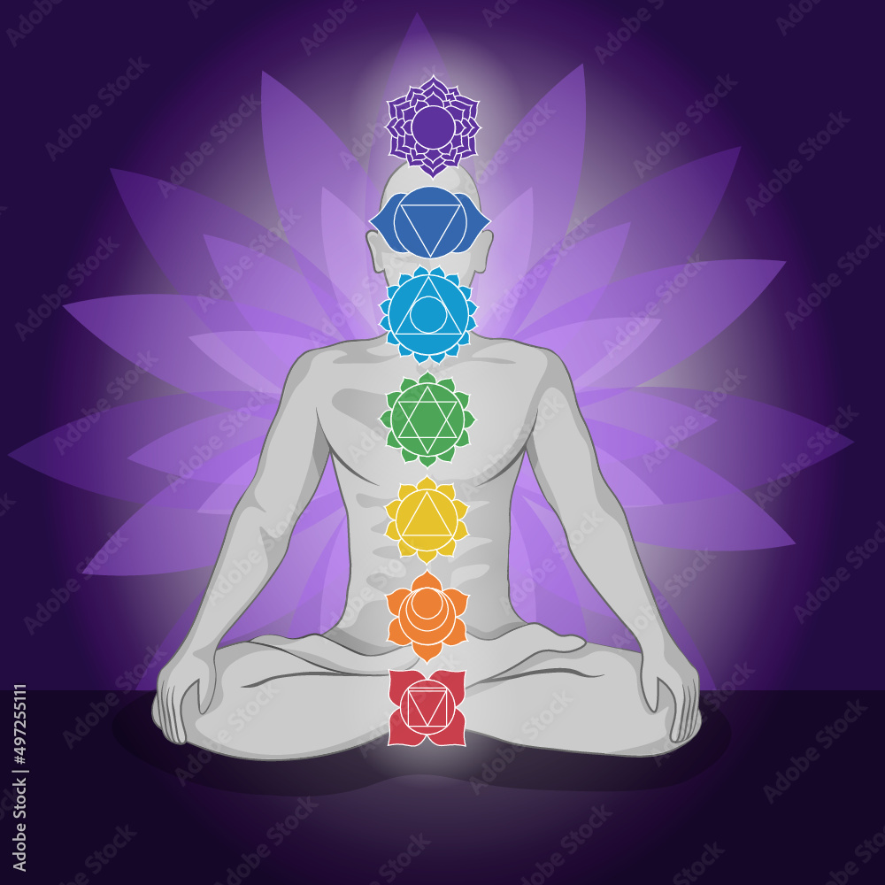 Vetor de Realistic figure in lotus pose, seven chakras in color ...