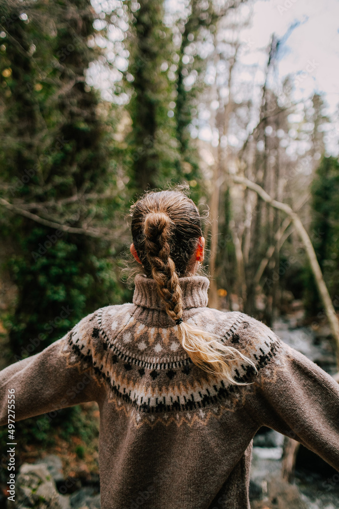 Girl with a pigtail in a sweater from the back, a walk in the forest in ...