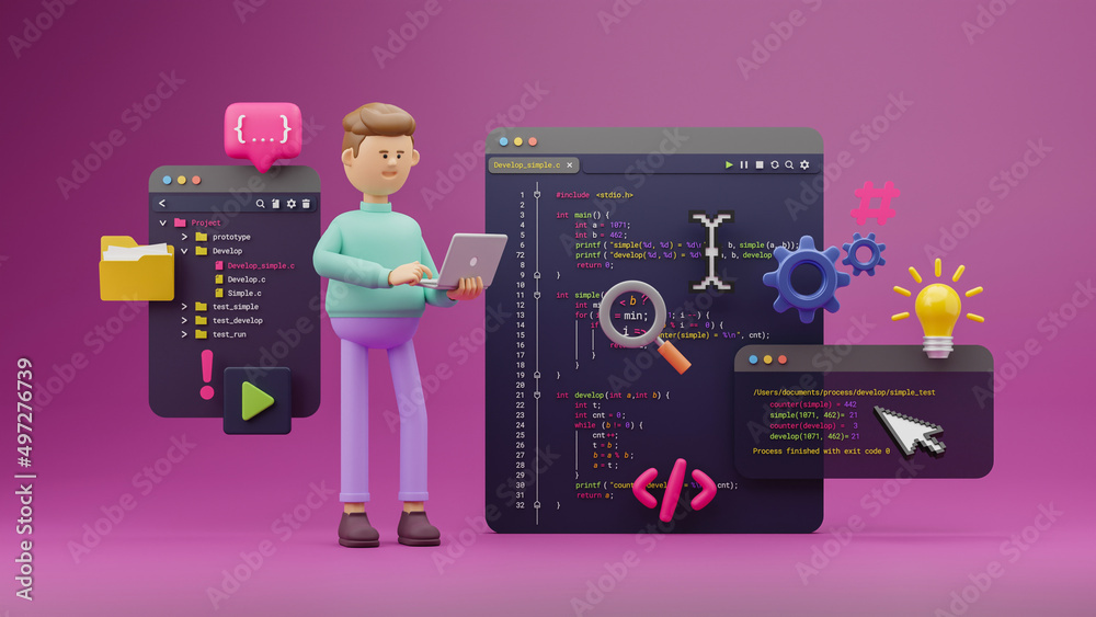 Programmer developer typing script source languages coding symbols icon development project data ...