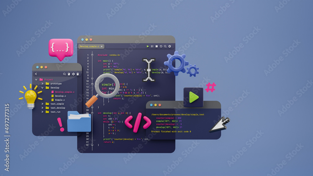 Programmer developer typing script source languages coding symbols icon development project data ...