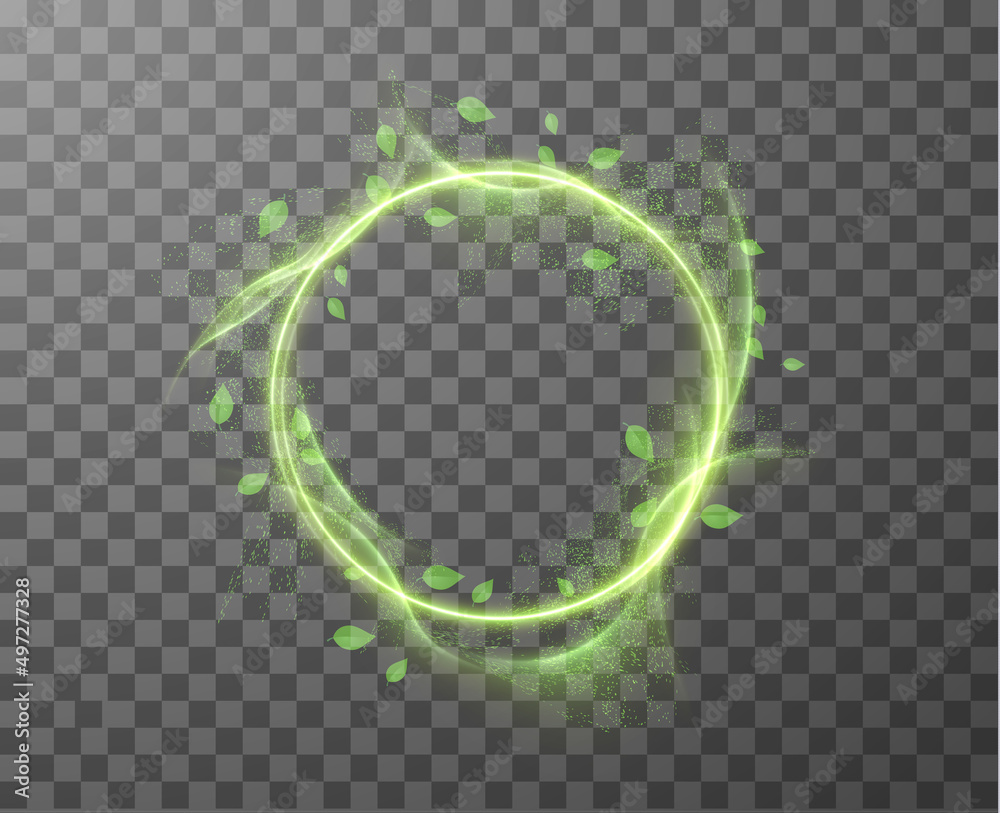 Shiny magic circle frame with glowing leaves on checkered background ...