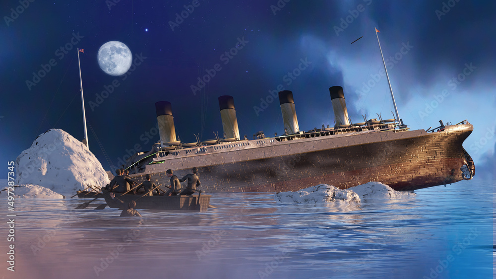 the Titanic ocean liner after it struck an iceberg in 1912 off the ...