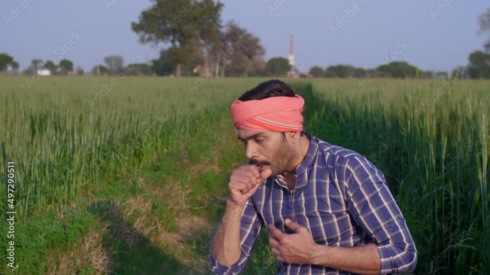 A sick bearded farmer in traditional clothes coughing with one hand on ...